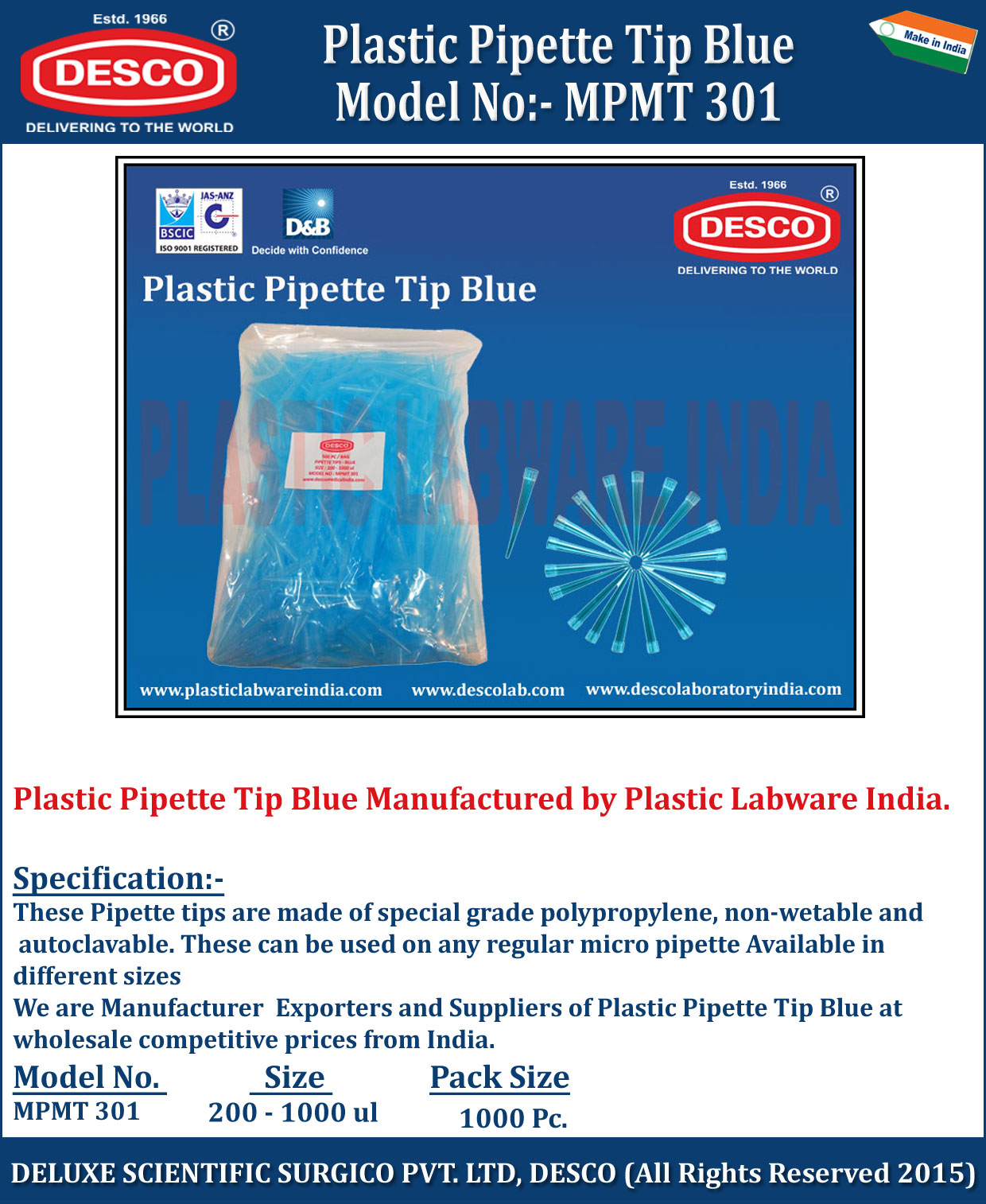 Plastic Micropipette Blue Tips - Manufacturers, Vendors & Exporter India